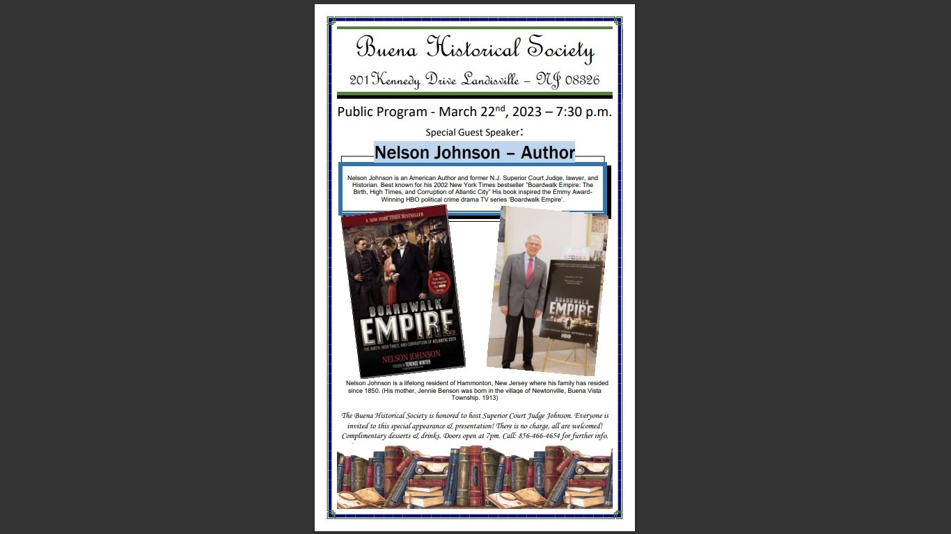 Boardwalk Empire author Nelson Johnson - March 22 - 7 p.m. Free 201 ...