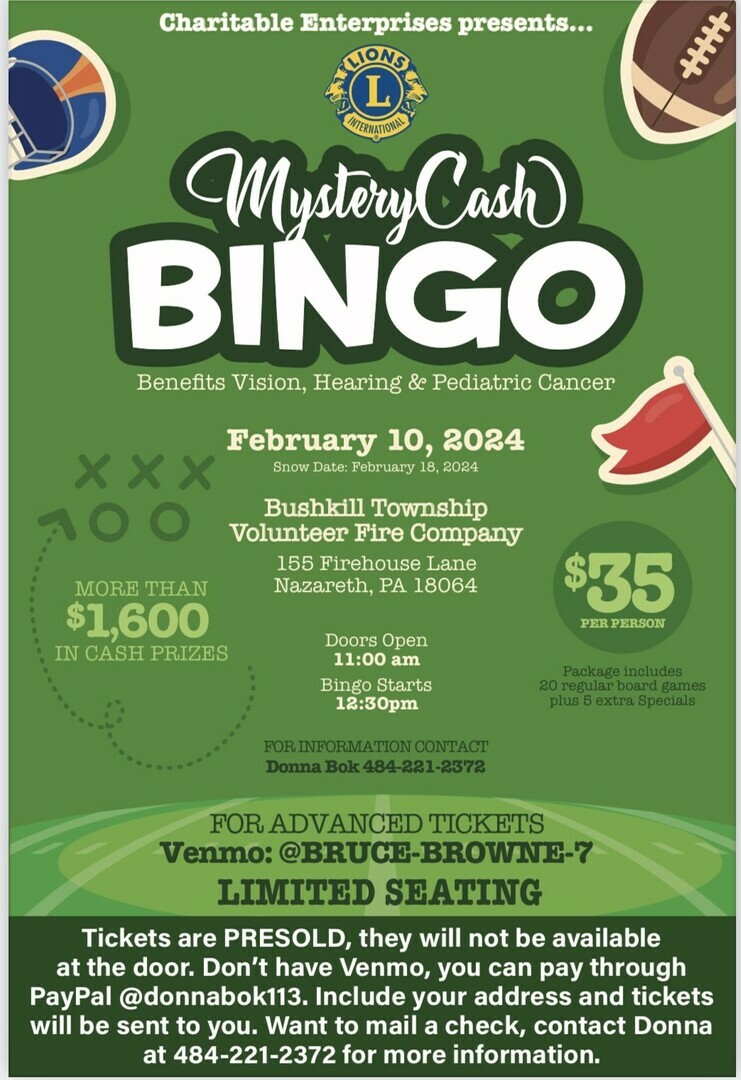 Mystery Cash Bingo | Bushkill Township Volunteer Fire Co ...